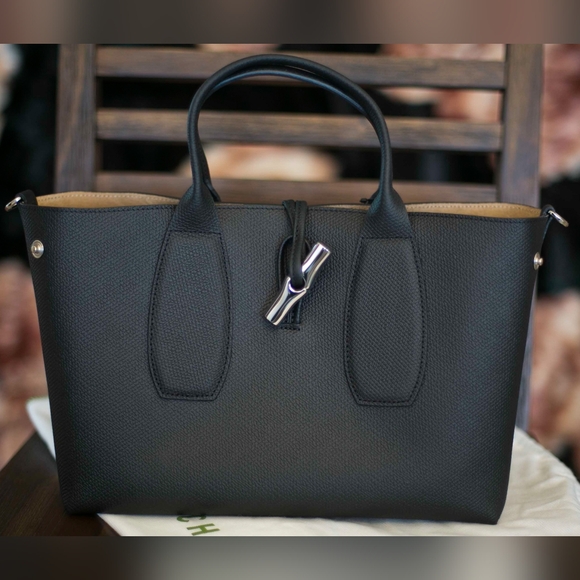 Longchamp | Bags | Longchamp Roseau Medium Leather Tote Black | Poshmark
